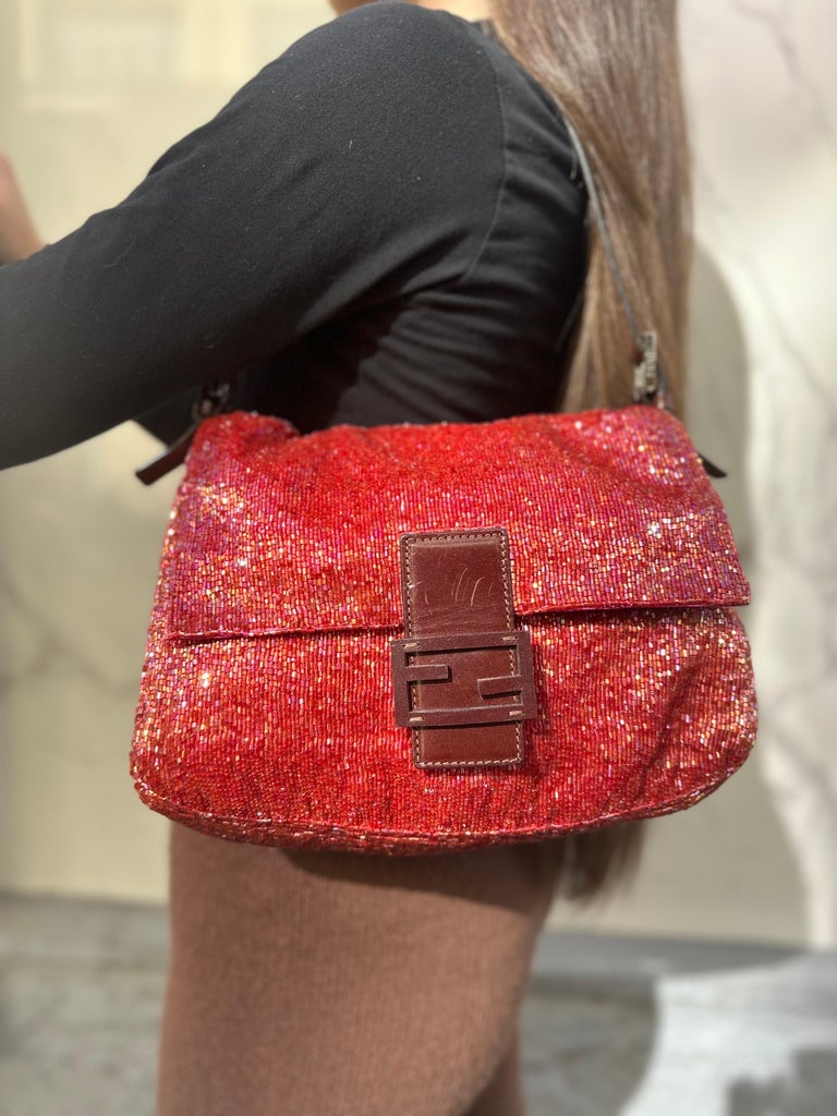 Fendi Mama Baguette Red Beads Brown Leather L.E. For Sale at 1stDibs