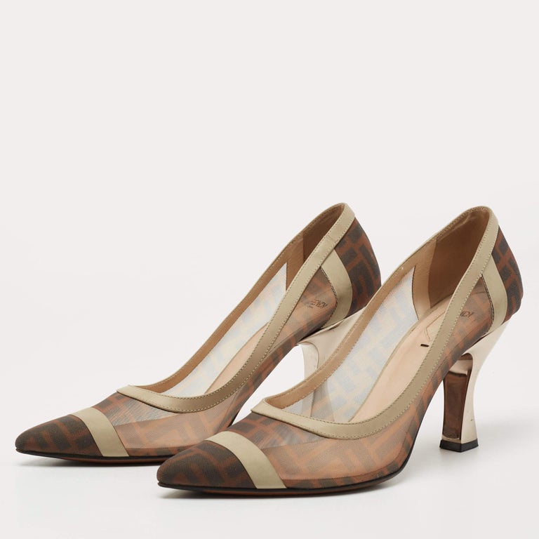Fendi Mesh And Leather FF Logo Printed Colibri Pointed Toe Pumps Size ...