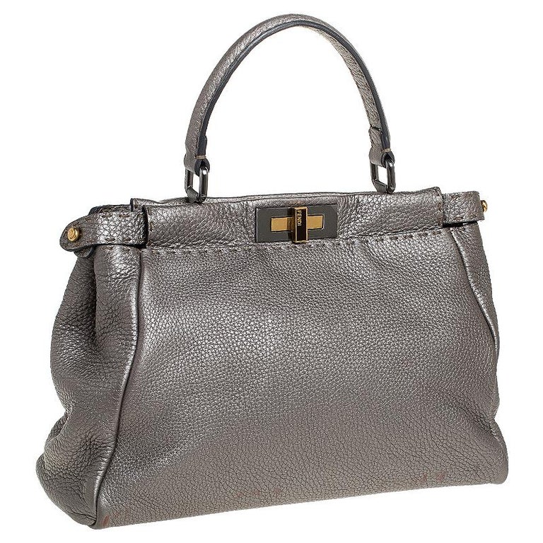 Fendi Metallic Grey Selleria Leather Medium Peekaboo Top Handle Bag At