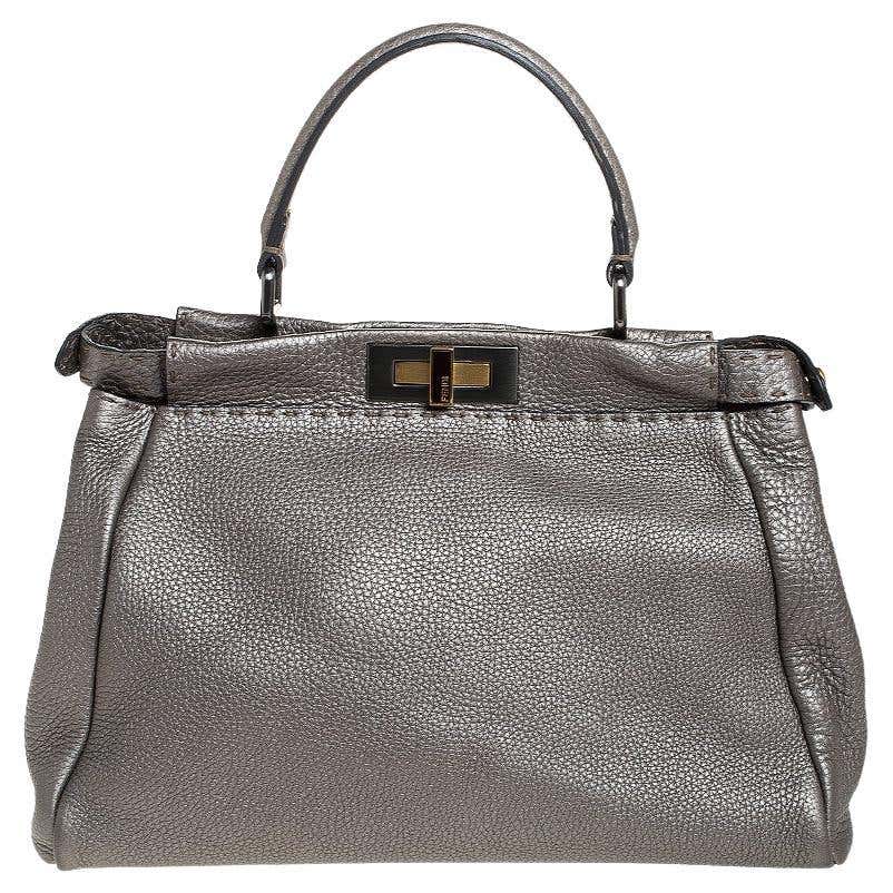 Fendi Metallic Grey Selleria Leather Medium Peekaboo Top Handle Bag At