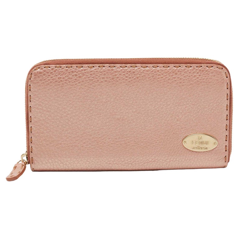 Fendi Metallic Rose Gold Leather Selleria Zip Around Wallet For Sale at ...