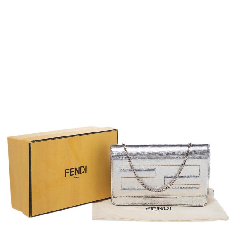 Fendi Metallic Silver Leather Tube Wallet On Chain at 1stDibs