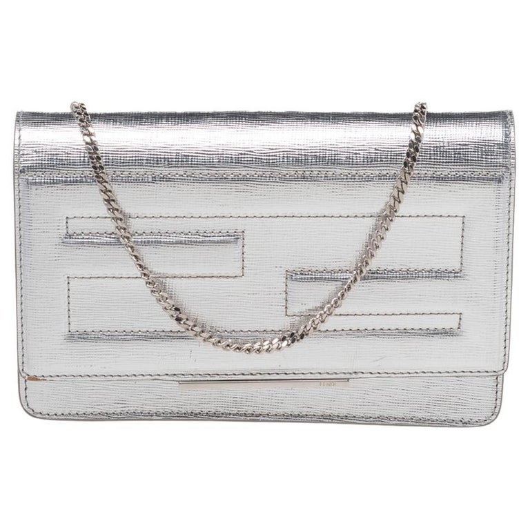 Fendi Metallic Silver Leather Tube Wallet On Chain at 1stDibs