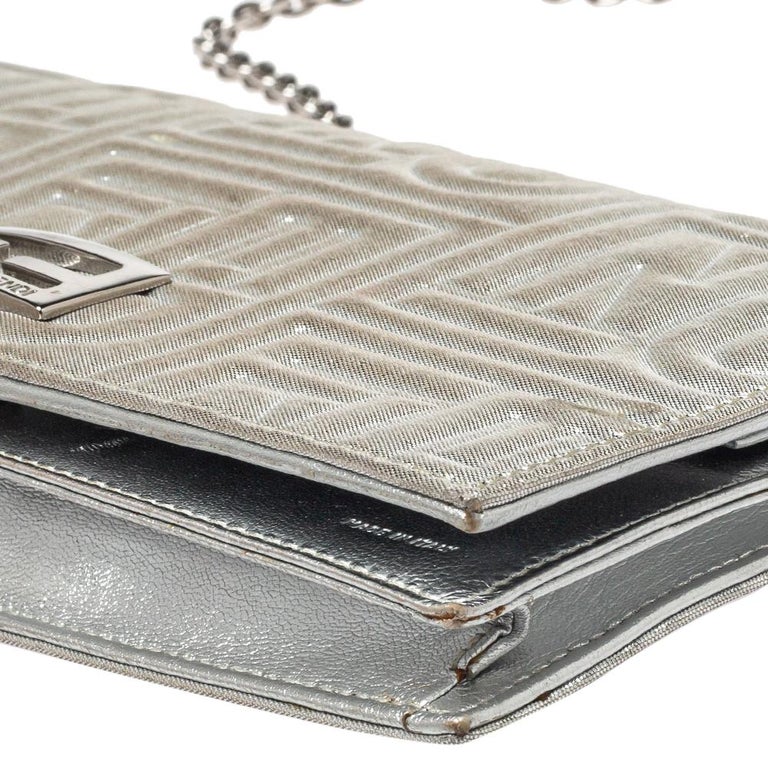 Fendi Metallic Silver Logo Embossed Leather Wallet On Chain at 1stDibs