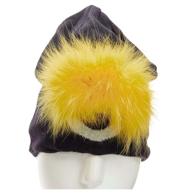 FENDI Monster Bug Eye 100% wool arctic fox fur trim black yellow beanie ...