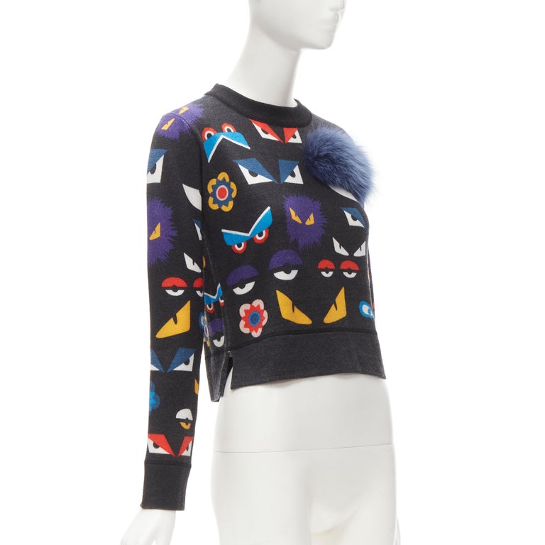 FENDI Monster Bug Eye blue fox fur trim dark grey cropped wool sweater ...