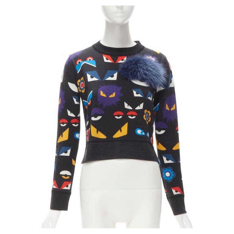 FENDI Monster Bug Eye blue fox fur trim dark grey cropped wool sweater ...