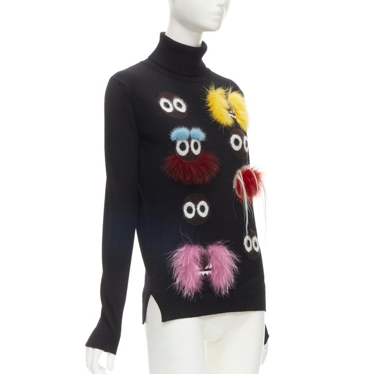 FENDI Monster Bug Eye fur trimmed cartoon eyes black polo neck jumper ...