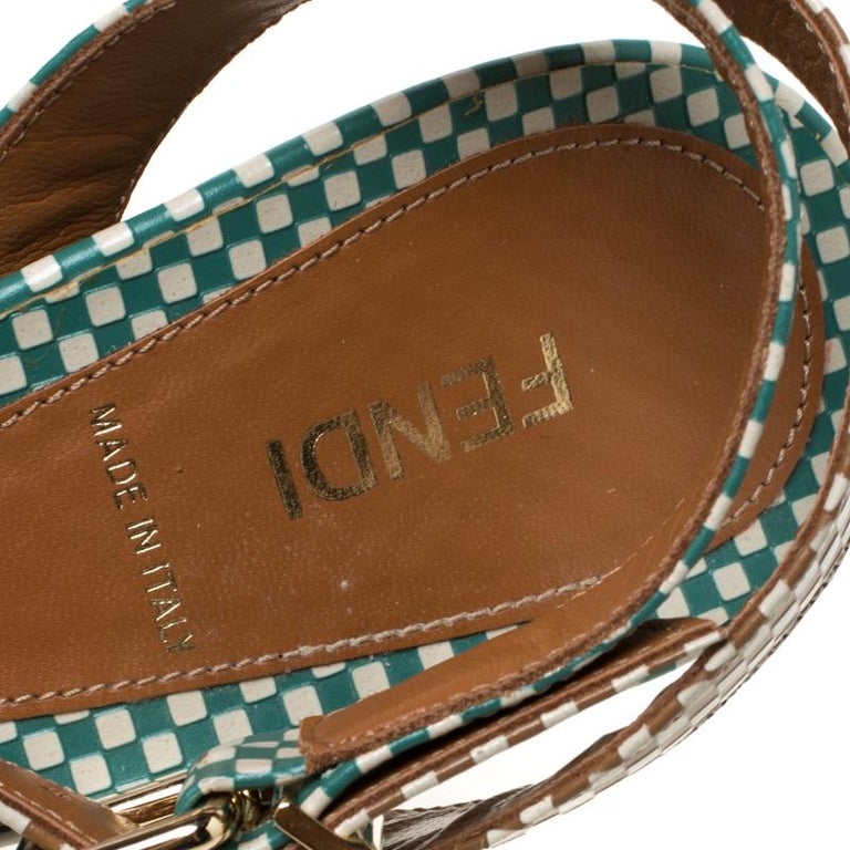 Fendi Multicolor Checkerboard Leather Ankle Strap Peep Toe Sandals Size ...