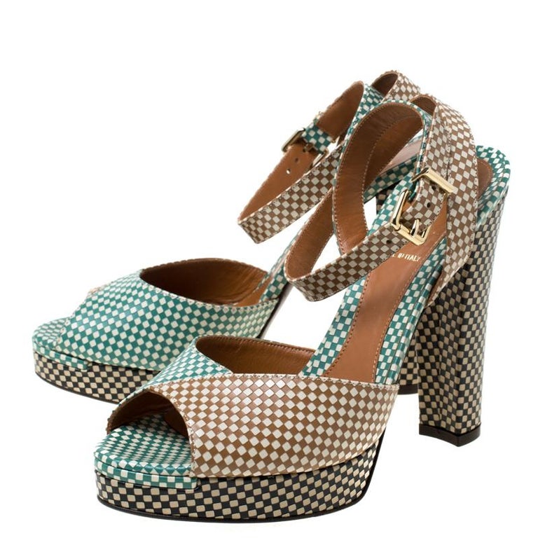 Fendi Multicolor Checkerboard Leather Ankle Strap Peep Toe Sandals Size ...