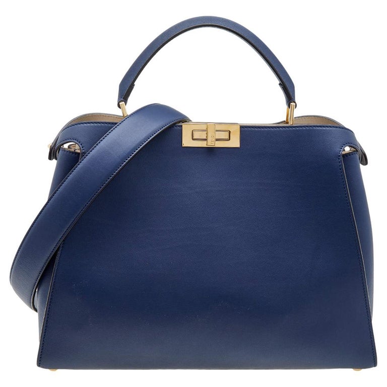 Fendi Navy Blue Leather Large Peekaboo Top Handle Bag For Sale at 1stDibs