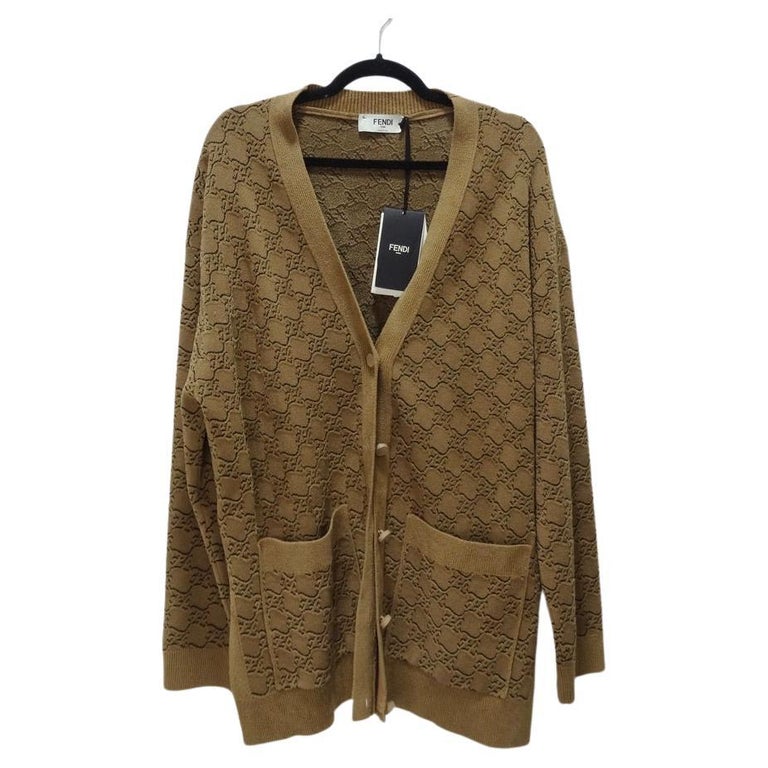 Fendi Neutral Logo Knit Cardigan For Sale at 1stDibs