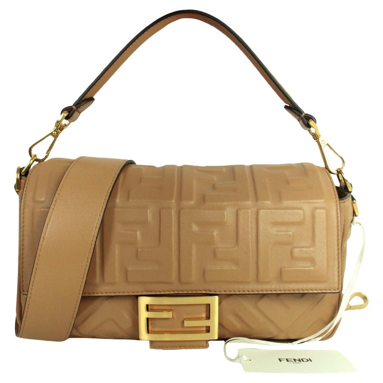 Fendi NWT Beige Embossed Logo FF 1974 Large Baguette NM Bag w/ Two Straps For Sale at 1stDibs