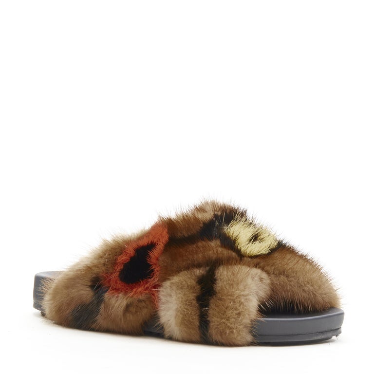 FENDI Open Your Heart brown mink fur cross strap slides sandals EU36 ...