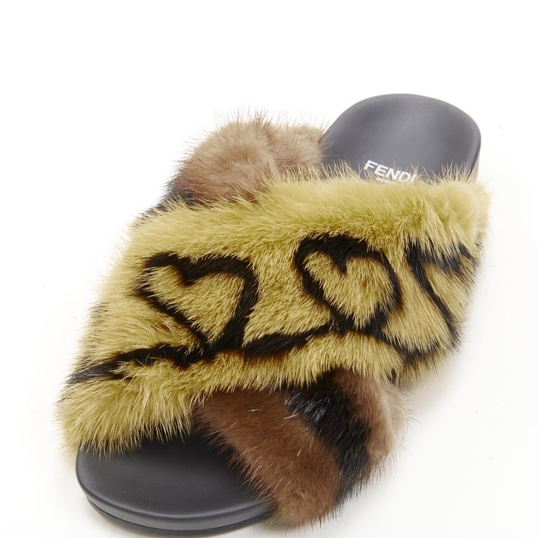 FENDI Open Your Heart brown mink fur cross strap slides sandals EU36 ...
