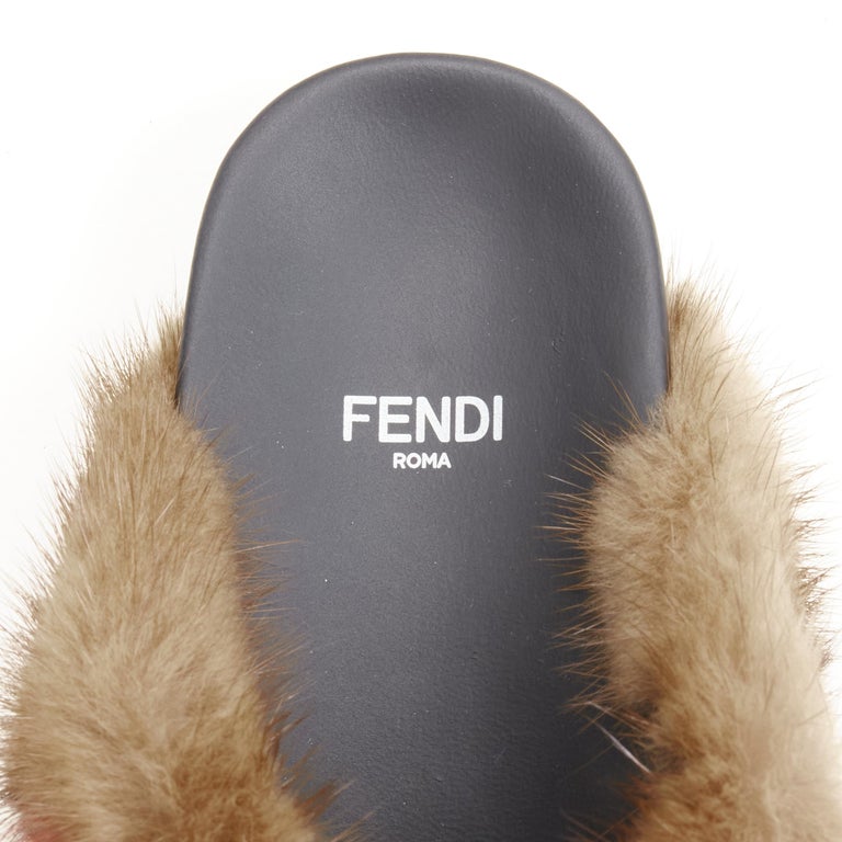 FENDI Open Your Heart brown mink fur cross strap slides sandals EU36 ...
