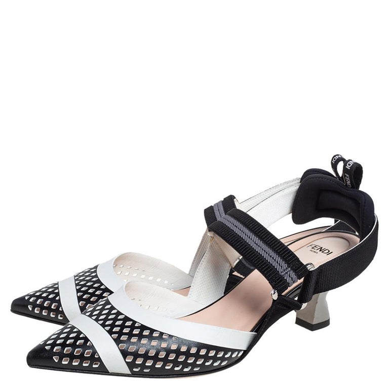 Fendi Perforated Leather and Canvas Colibri Slingback Pumps Size 38.5 ...