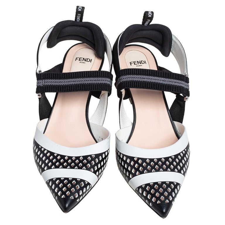 Fendi Perforated Leather and Canvas Colibri Slingback Pumps Size 38.5 ...