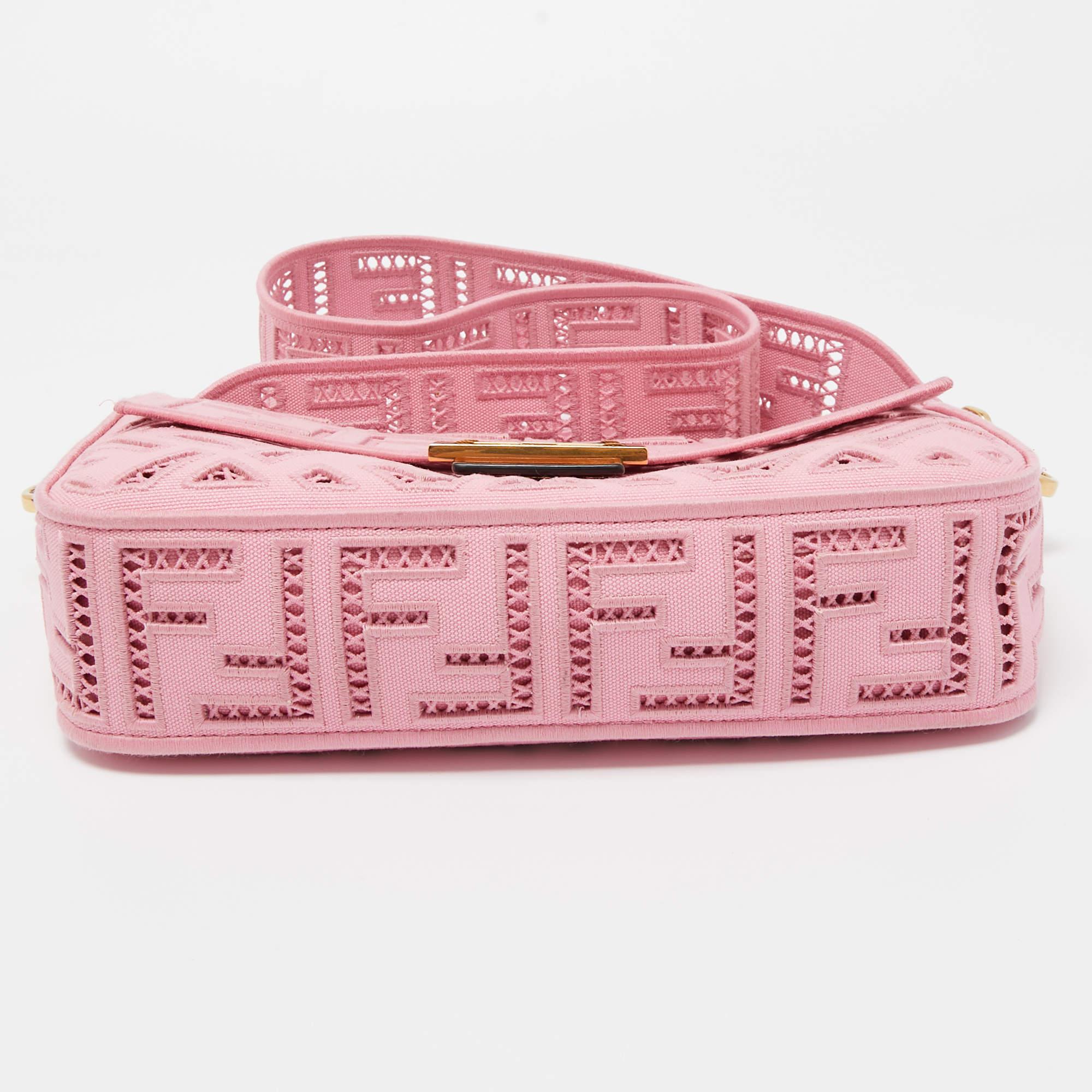 Fendi Pink FF Openwork Embroidered Canvas Medium Baguette Bag For Sale ...