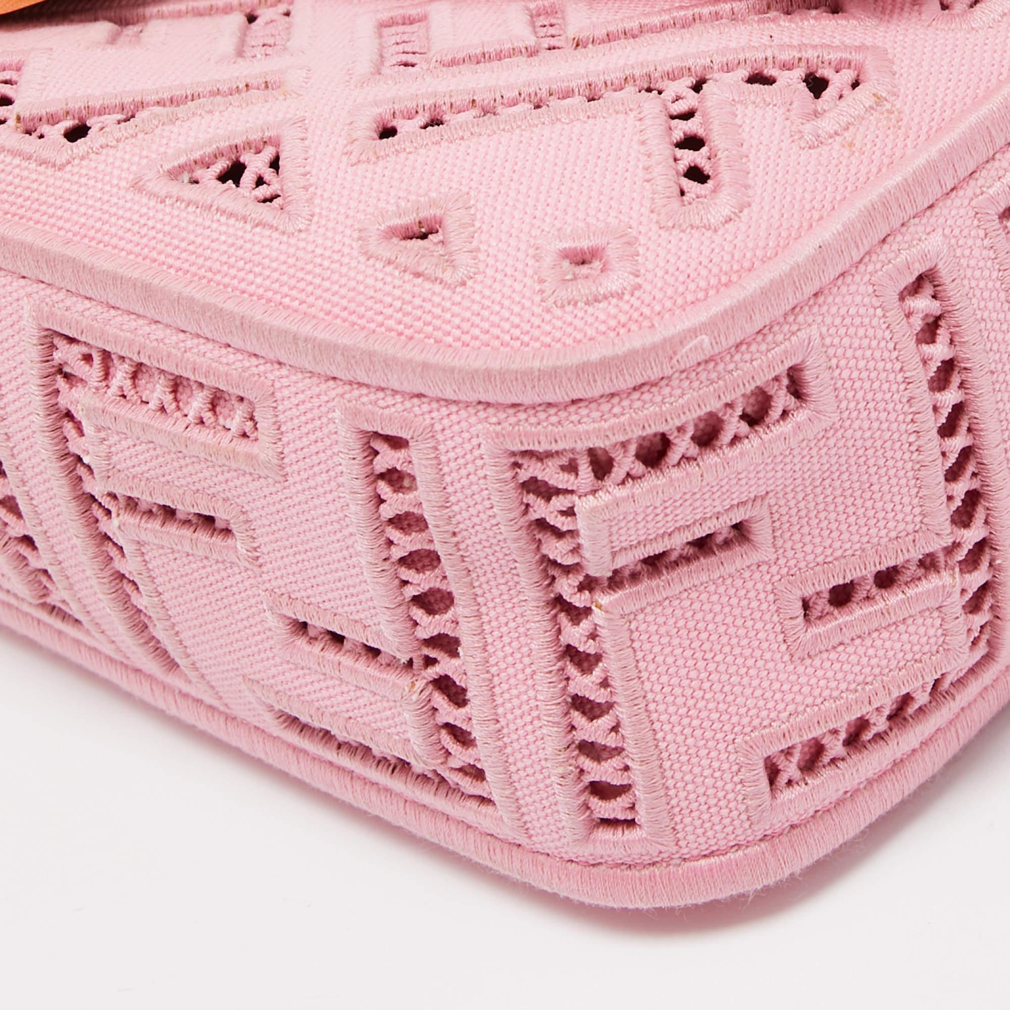 Fendi Pink FF Openwork Embroidered Canvas Medium Baguette Bag For Sale ...