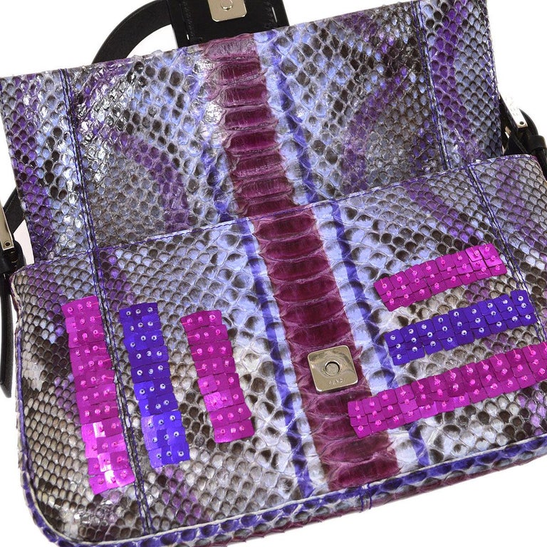 FENDI Purple Gray Sequin Python Leather Baguette Evening Shoulder Flap Bag For Sale at 1stDibs