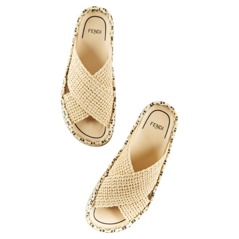 FENDI RAFFIA SLIDES Natural - Size 38 For Sale at 1stDibs