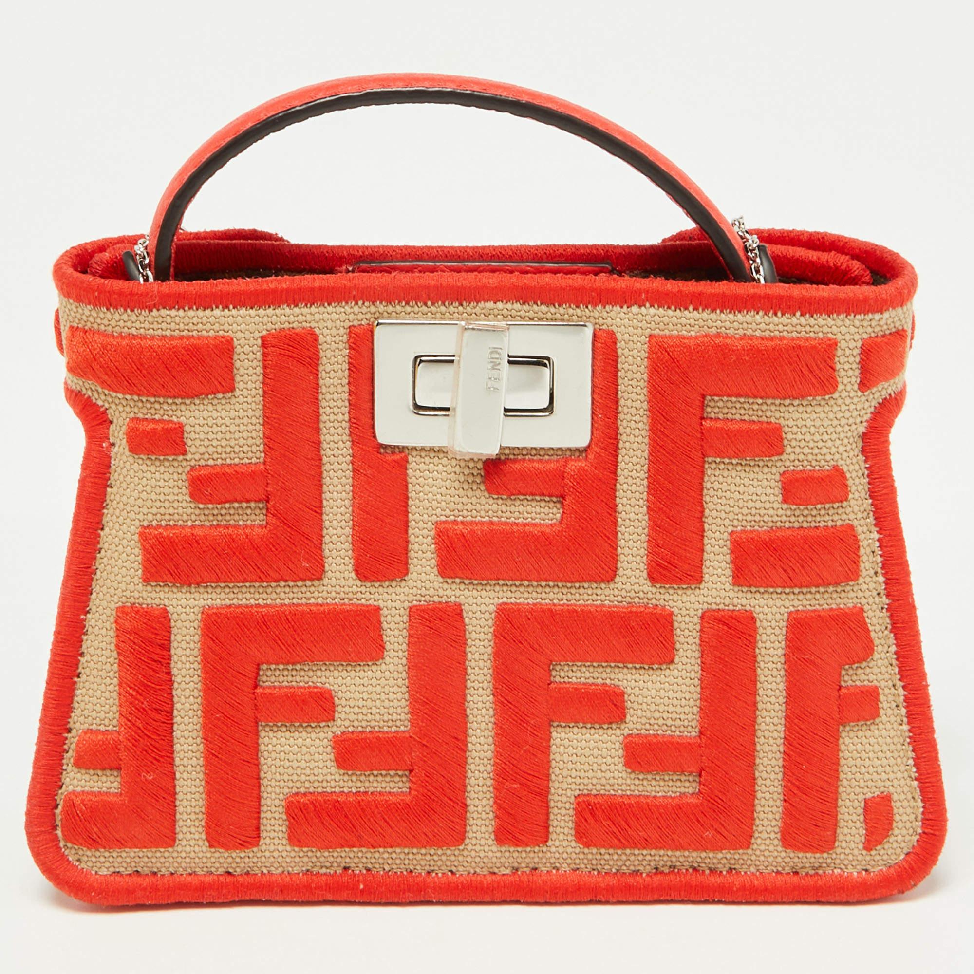 Fendi Red/Beige FF Canvas and Leather Pico Peekaboo Charm Bag For Sale ...