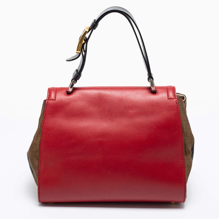 Fendi Red/Brown Leather and Pequin Stripe Canvas Silvana Top Handle Bag ...