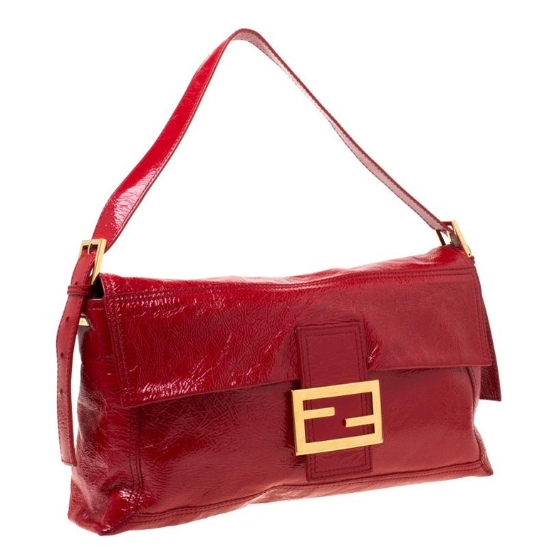 Fendi Red Crinkle Patent Leather Large Mamma Baguette Shoulder Bag For ...
