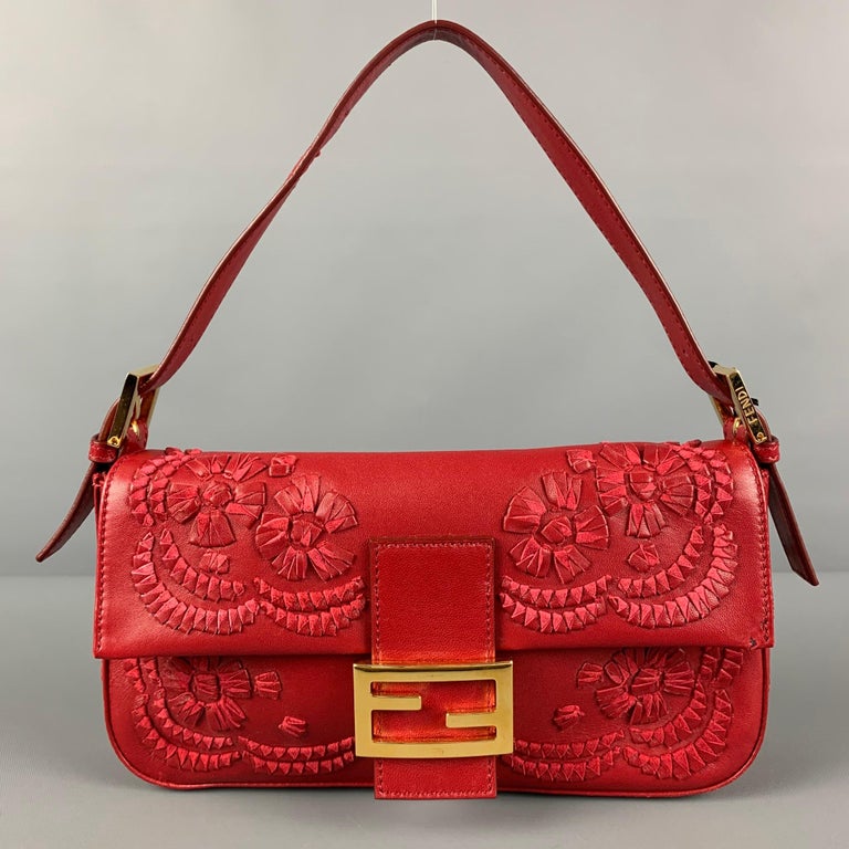 FENDI Red Floral Leather Baguette Shoulder Handbag For Sale at 1stDibs