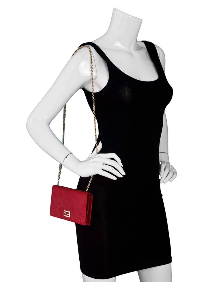 Fendi Red Leather Embossed Logo Chain Wallet WOC Bag For Sale at ...