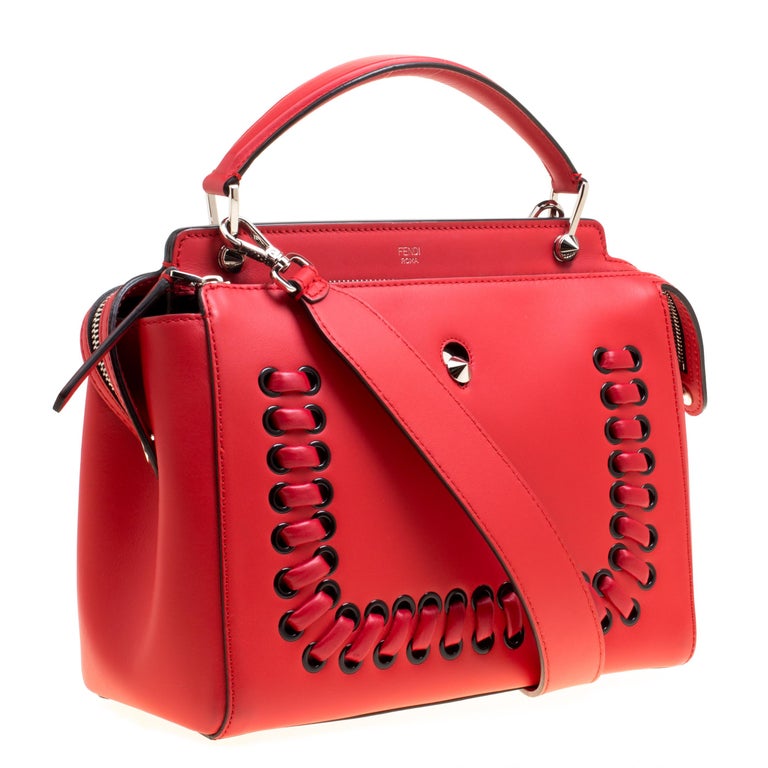 Fendi Red Leather Whipstitch Dotcom Top Handle Bag For Sale at 1stDibs