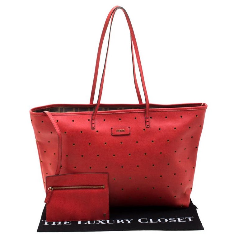 Fendi Red Perforated Leather Roll Tote W/ Pouch For Sale at 1stDibs