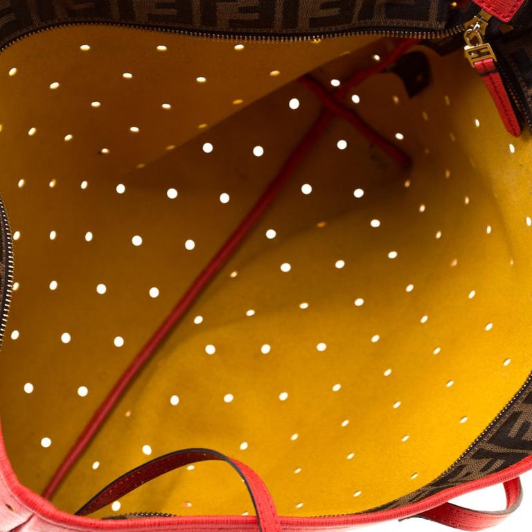 Fendi Red Perforated Leather Roll Tote W/ Pouch For Sale at 1stDibs