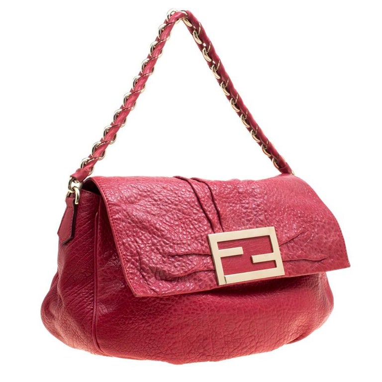 Fendi Red Textured Leather Mia Flap Shoulder Bag For Sale at 1stDibs