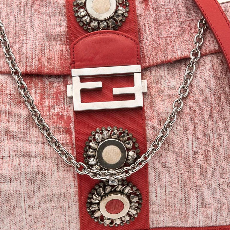 Fendi Red/White Canvas and Leather Maxi Baguette Embellished Shoulder ...