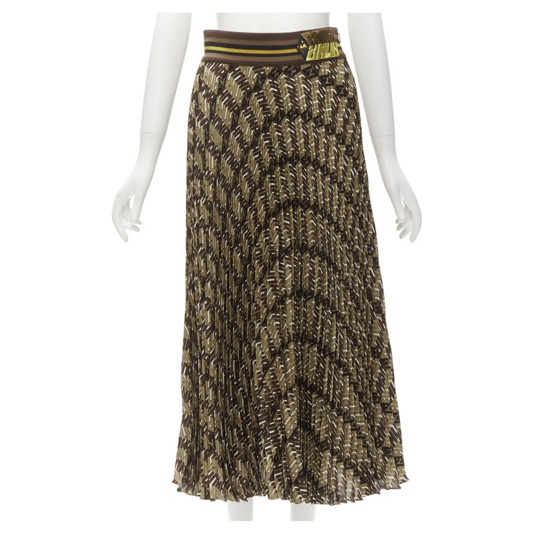 FENDI Roma Amor brown gold graphic print pleated plisse silk skirt IT42 ...