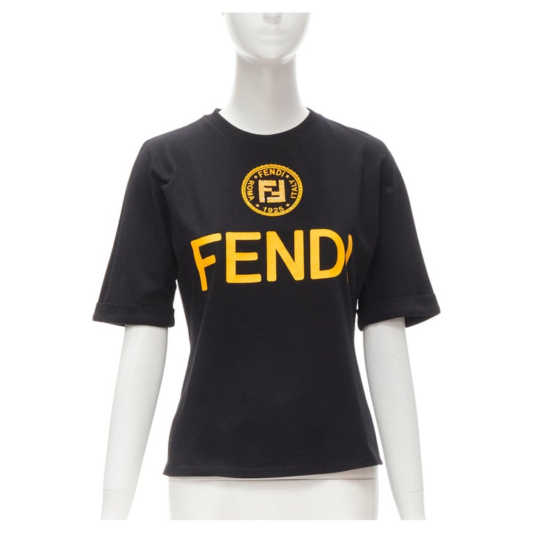 FENDI ROMA FF bead embellished logo black yellow cotton tshirt S For ...