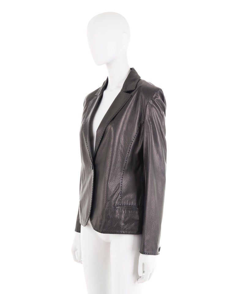 Fendi Selleria black handmade grained leather blazer jacket For Sale at ...