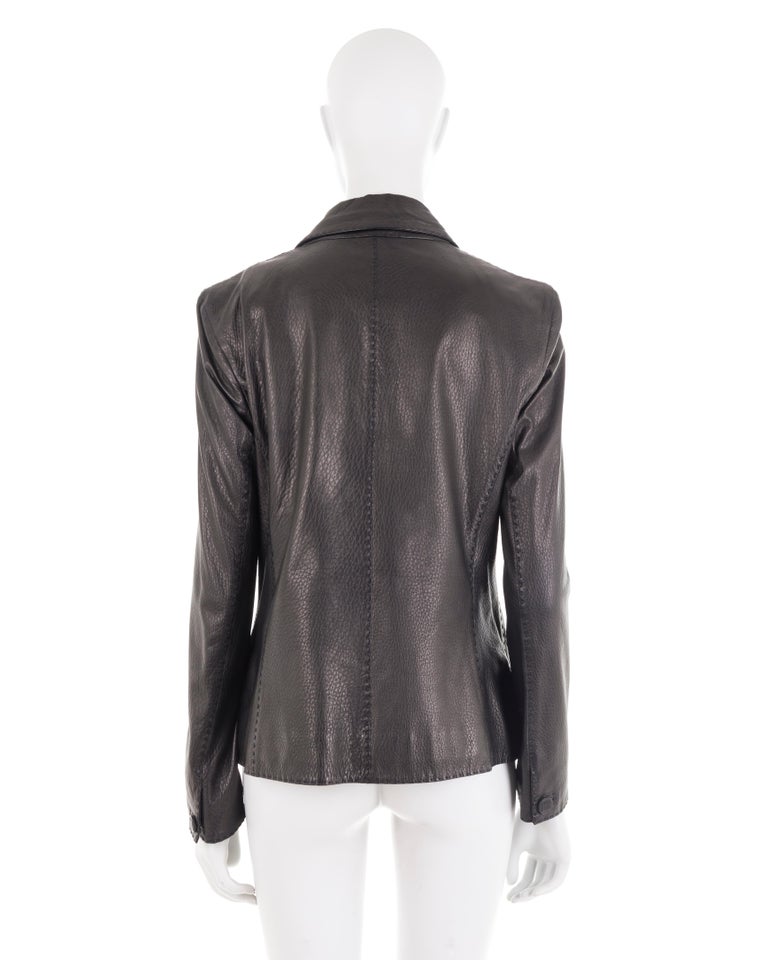 Fendi Selleria black handmade grained leather blazer jacket For Sale at ...