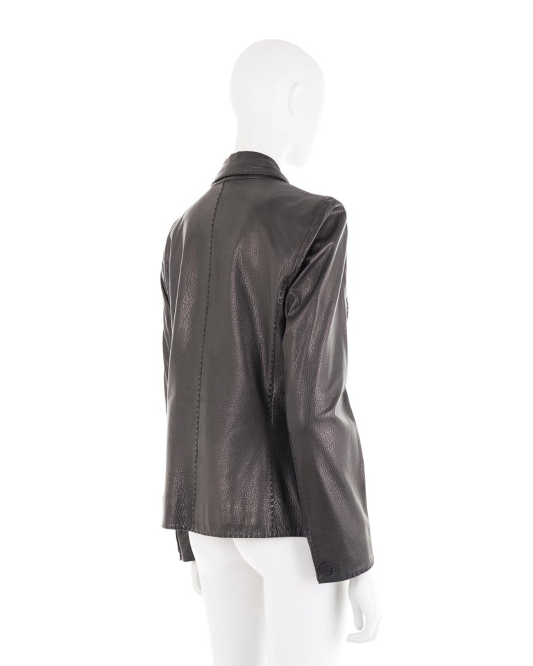 Fendi Selleria black handmade grained leather blazer jacket For Sale at ...