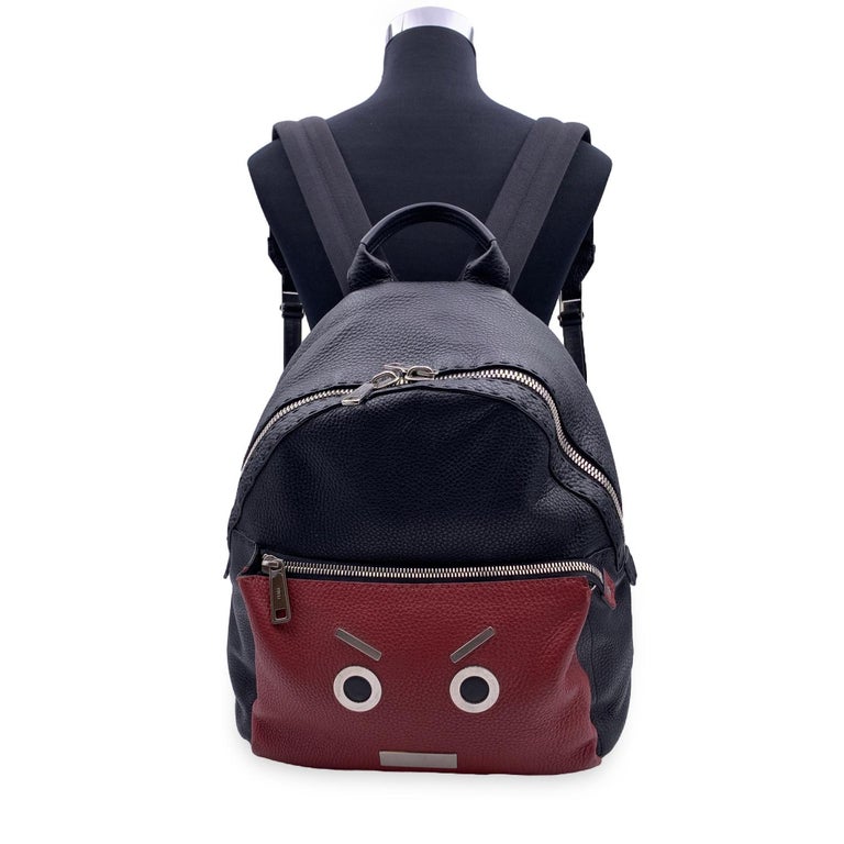 Fendi Selleria Black Red Leather Unisex Faces No Words Backpack Bag For ...