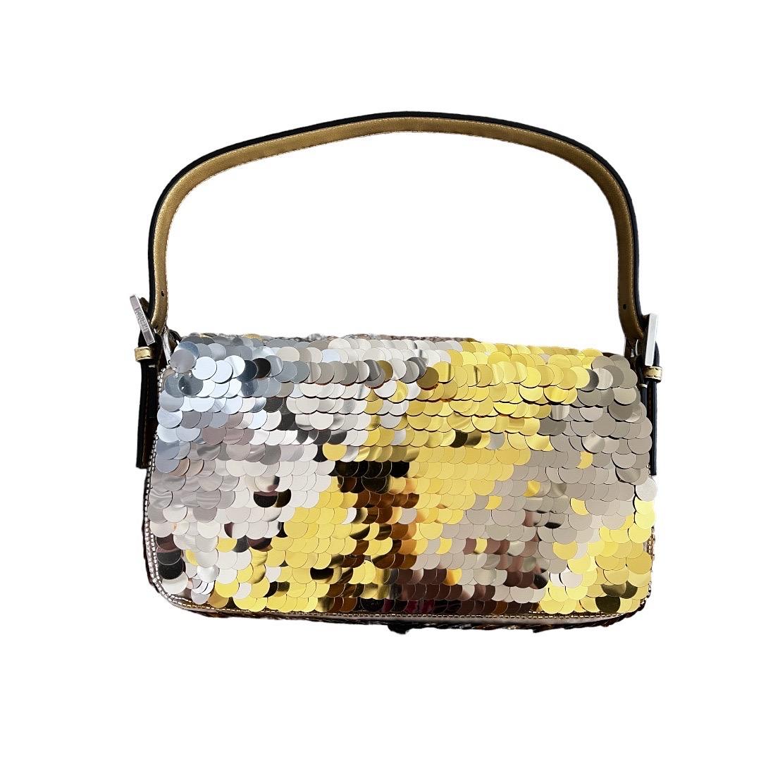 Fendi Sequin Paillettes Vitello Laminato Striped Baguette 1997 Oro