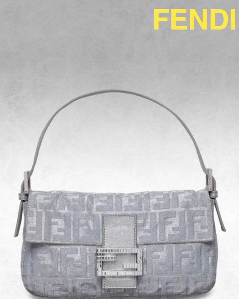 FENDI Sparkling Silver Metallic FF Zucca Logo Baguette Handbag For Sale ...