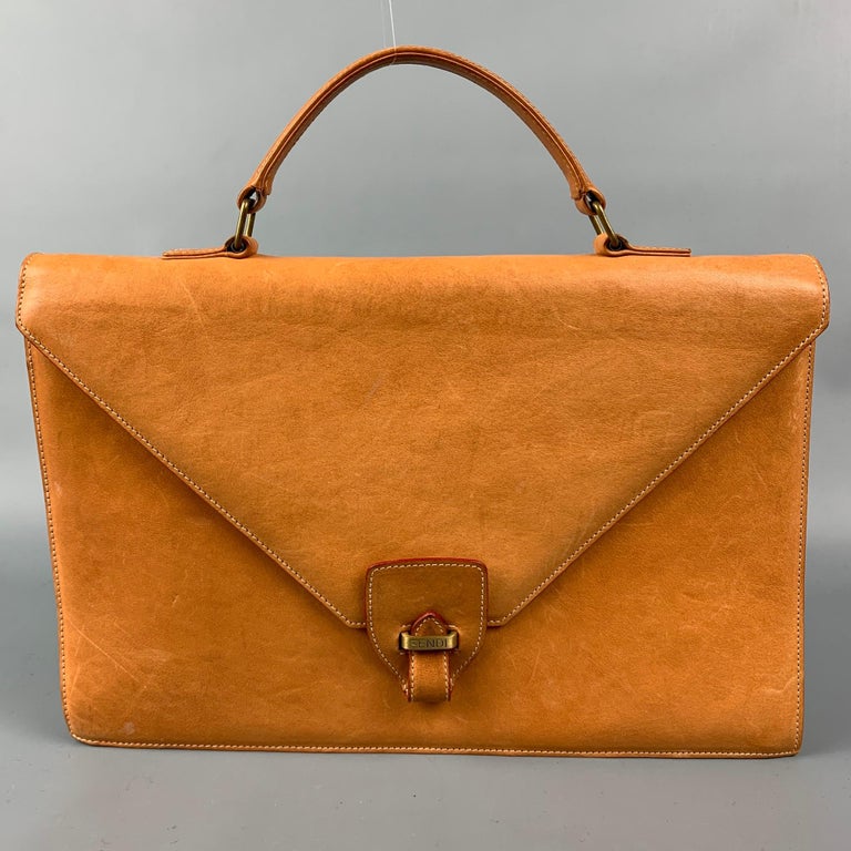 FENDI Tan Contrast Stitch Leather Briefcase Bag at 1stDibs