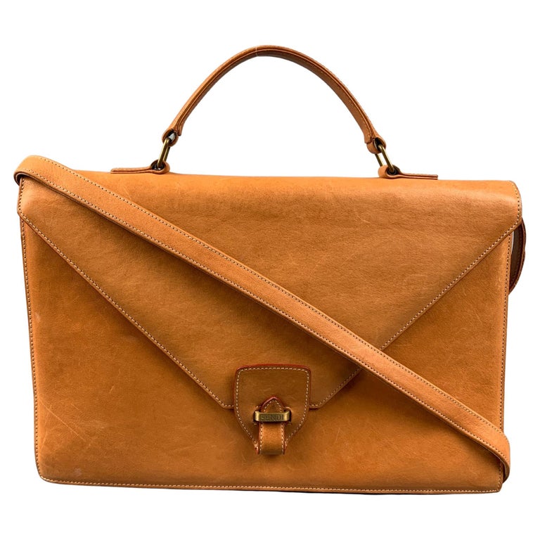 FENDI Tan Contrast Stitch Leather Briefcase Bag at 1stDibs