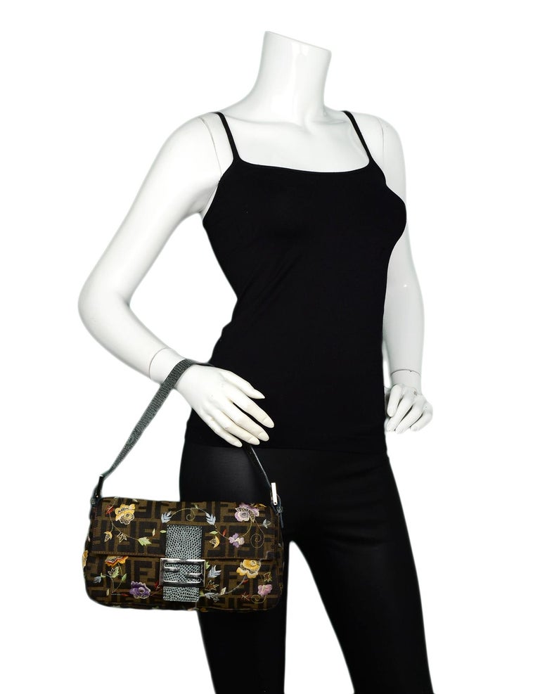 Fendi Tan FF Monogram Zucca Baguette Bag W/ Floral Embroidery and ...