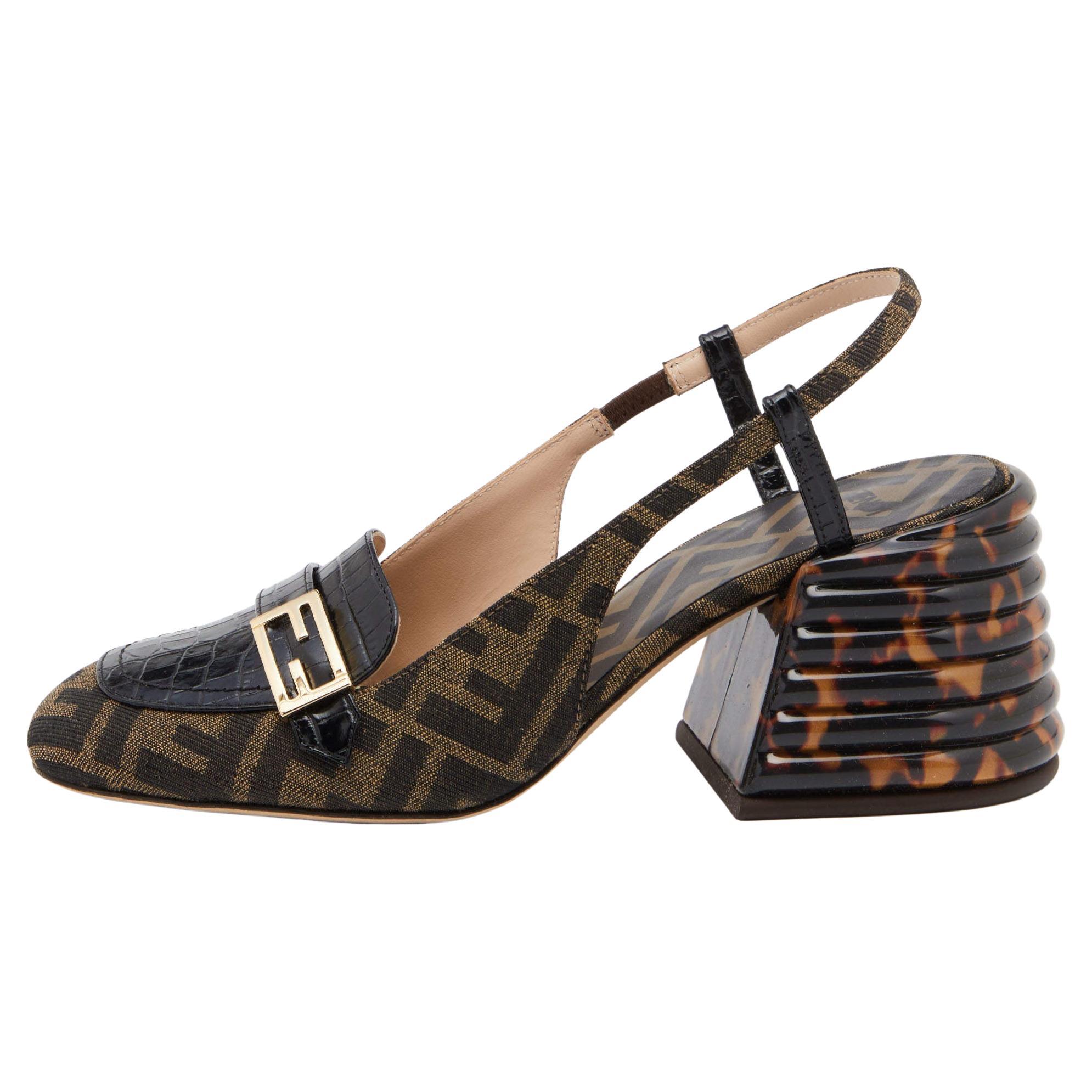 Fendi Tobacco/Black Croc Embossed Leather and Canvas Promenade FF Motif ...