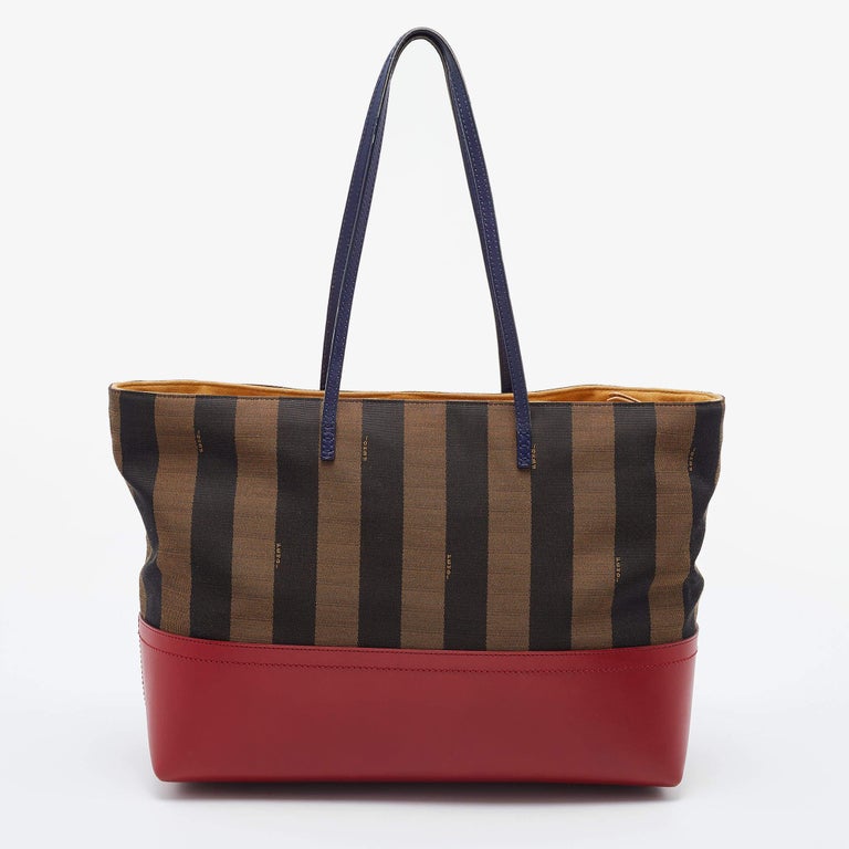Fendi Tobacco/Red Pequin Striped Canvas and Leather Roll Shopper Tote ...