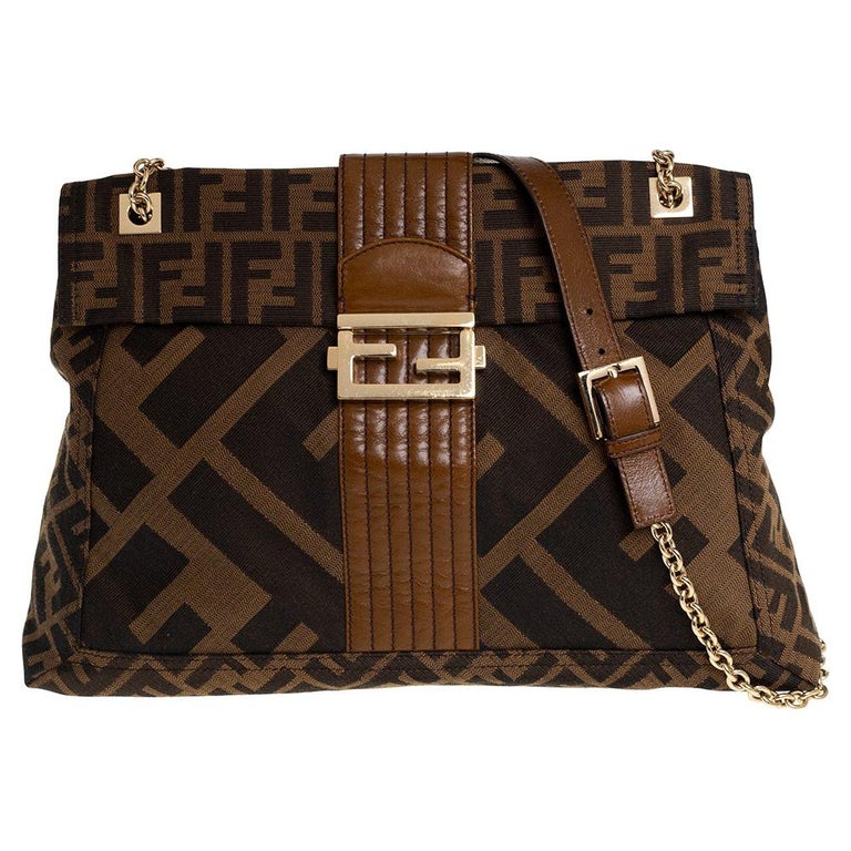 Fendi Tobacco Zucca Canvas and Leather Maxi Baguette Flap Shoulder Bag at 1stDibs